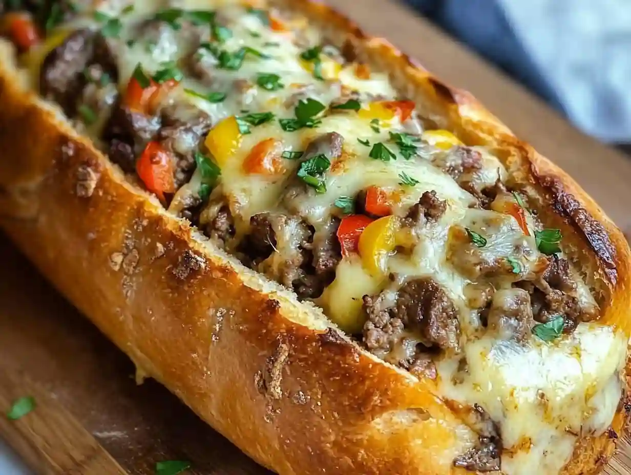 Cheesesteak‑Stuffed Garlic Bread Loaf (Print Recipe) – Baudre.com